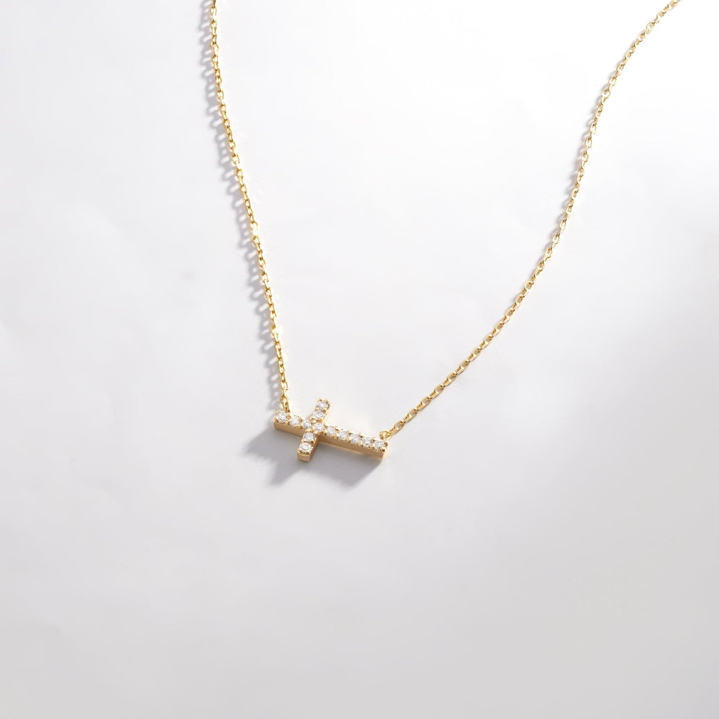14K Solid Gold and Diamond Horizontal Cross Necklace | Cross Shaped ...