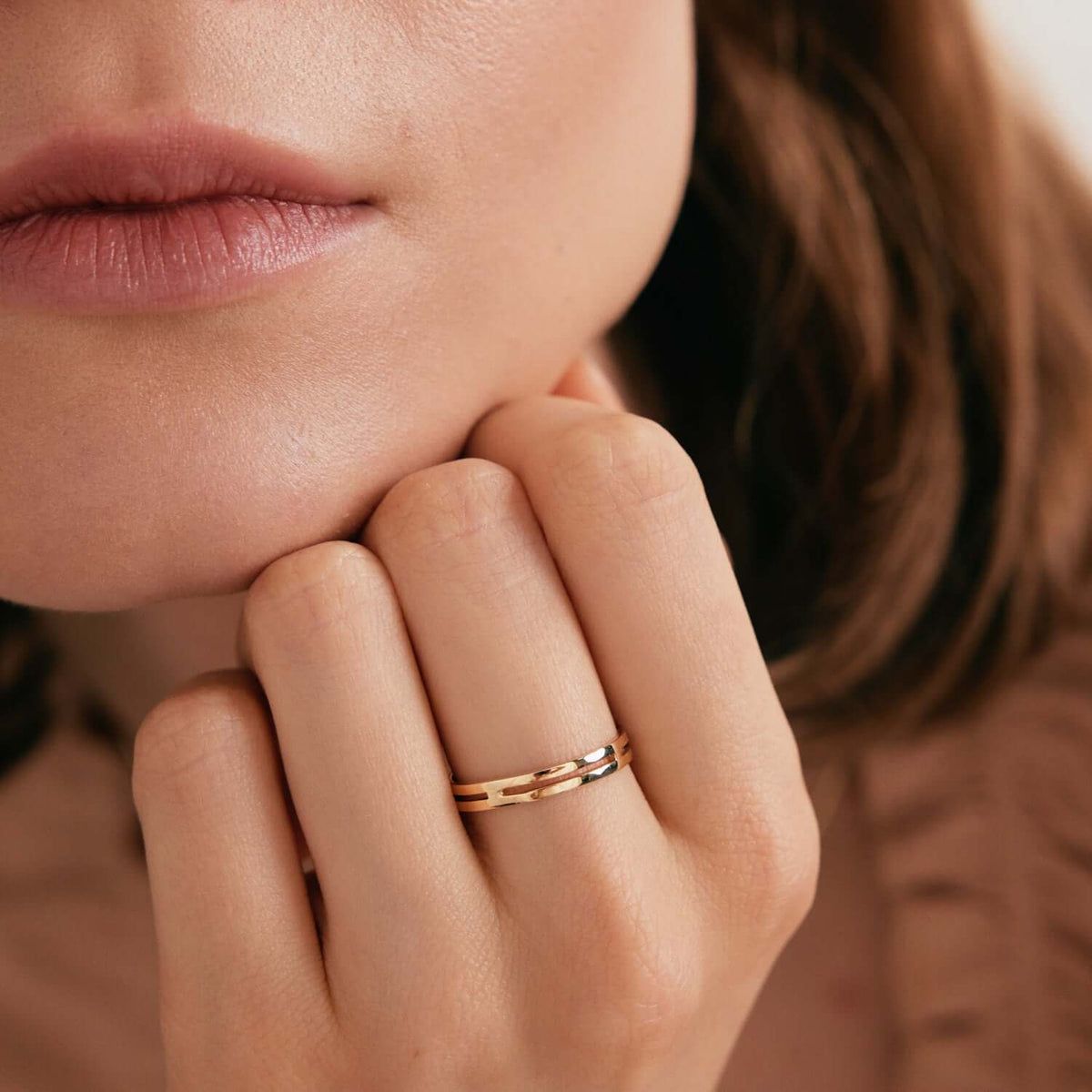 Gelin 14K Solid Gold Double Band Ring | Double Row Stacking Ring for ...